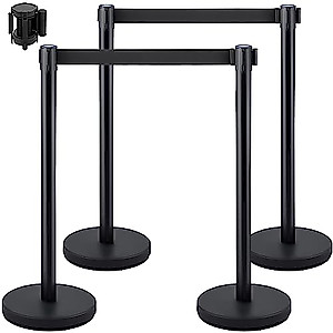 VEVOR Crowd Control Stanchion Set, Stanchion Set with 6.6 ft/2 m Black Retractable Belt, Black Crowd Control Barrier w/Concrete and Metal Base - Easy Connect Assembly (4)
