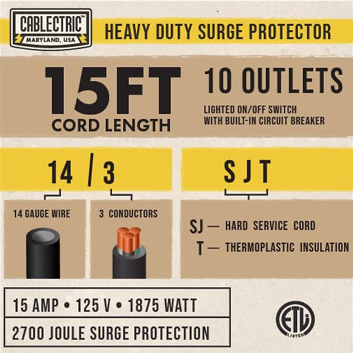 10 Outlet Heavy Duty Surge Protector Power Strip - Industrial Black and Yellow Metal Surge Protector with 15 Foot Extension Cord | Cablectric is an American Owned Brand