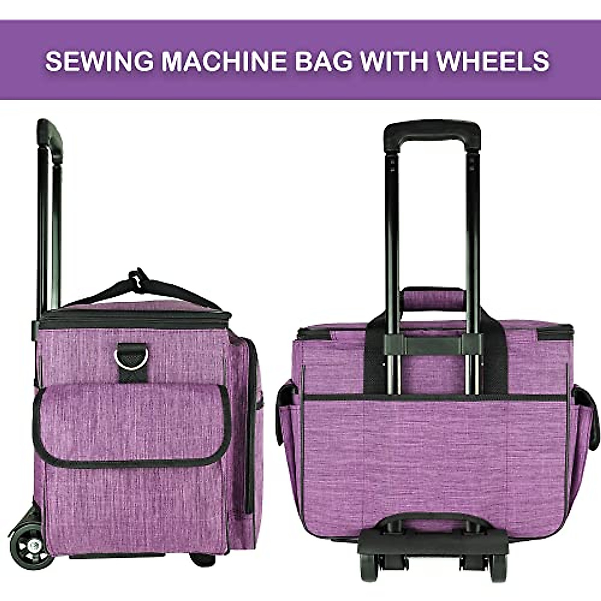 cab55 Rolling Sewing Machine Case, Detachable Rolling Sewing Machine Carrying Case on Wheels, Trolley Tote Bag with Removable Bottom Wooden Board for Most Standard Sewing Machine -Purple