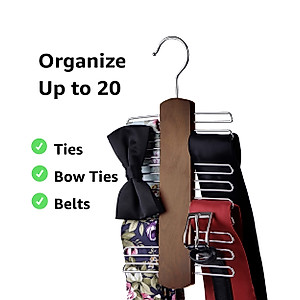 Umo Lorenzo Premium Wooden Necktie and Belt Hanger, Walnut Wood Center Organizer and Storage Rack with a Non-Slip Finish - 20 Hooks (Wooden)
