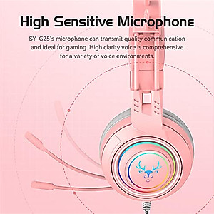 Atrasee Stereo Gaming Headset for PS4 PC Xbox One PS5 Controller, Noise Cancelling Over Ear Headphones with Mic, LED Light, Bass Surround, Soft Memory Earmuffs for Laptop Mac Nintendo (Pink Antlers)