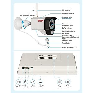 [2K&2 Way Audio&Dual WiFi] Tonton Wireless All-in-One Ultra HD Security Camera System with 16 Inch 5MP Monitor,10CH NVR with 1TB HDD,4PCS 3MP Outdoor Bullet IP Floodlight Cameras with PIR,Plug & Play