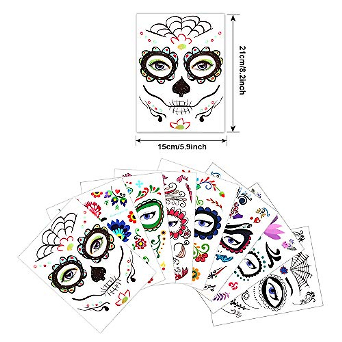 Halloween Temporary Face Tattoos (8Pack), Konsait Day of the Dead Sugar Skull Floral Black Skeleton Web Red Roses Full Face Mask Tattoo for Women Men Adult Kids Boys Halloween Party Favor Supplies