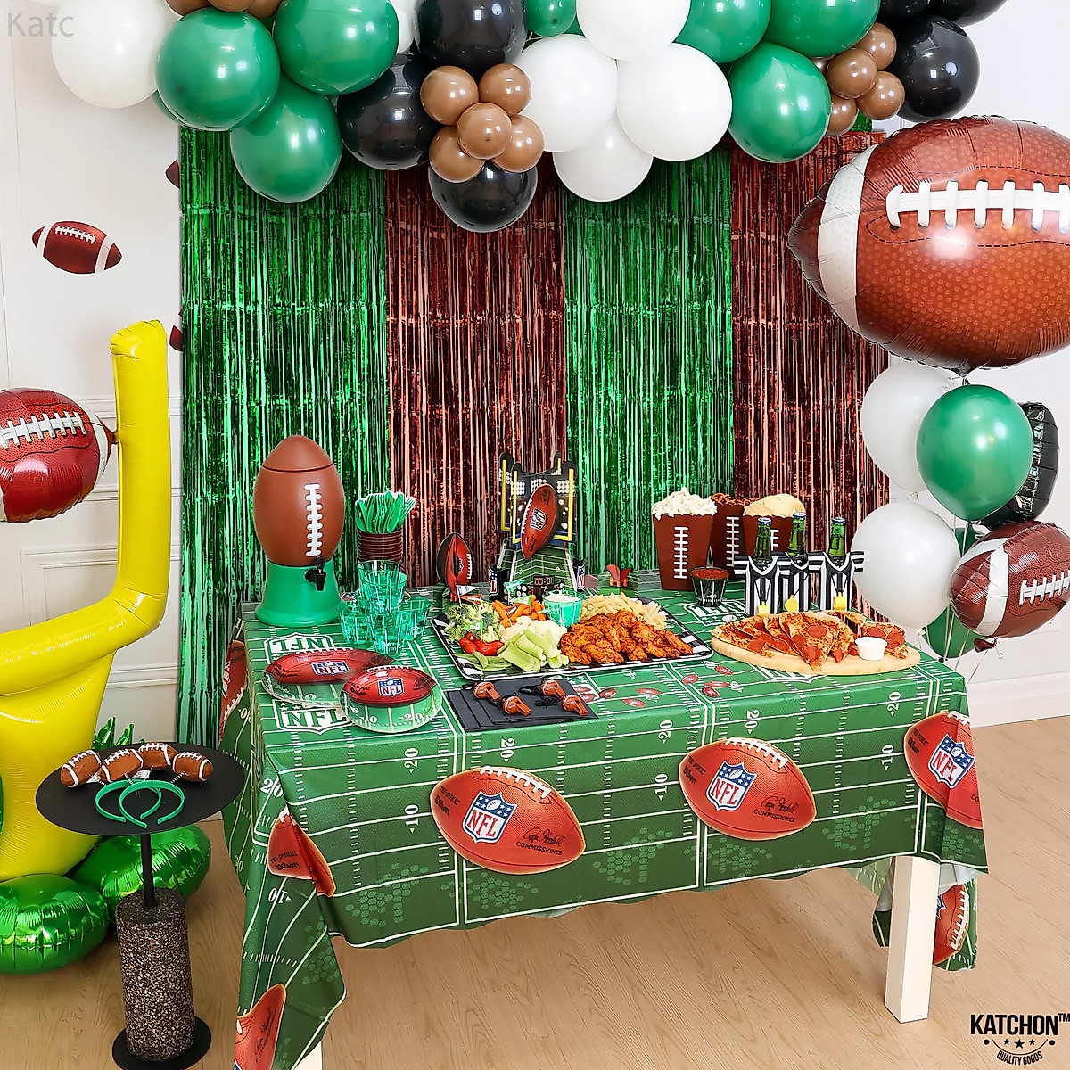 KatchOn, XtraLarge 13x8 Feet Green and Brown Football Backdrop - Pack of 4 Football Fringe Curtain | Football Streamers, Football Party Backdrop | Super Football Bowl Sunday Football Party Decorations