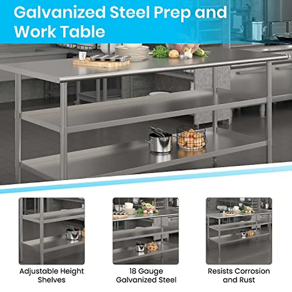 Flash Furniture Stainless Steel 18 Gauge Work Table with 2 Undershelves - 72" W x 30" D x 34.5" H, NSF