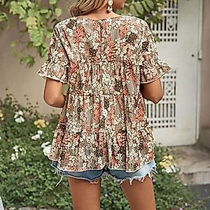 Women's Fashion Casual Summer V Neck Prints Stitching Short Sleeve Loose T Shirt Top Khaki