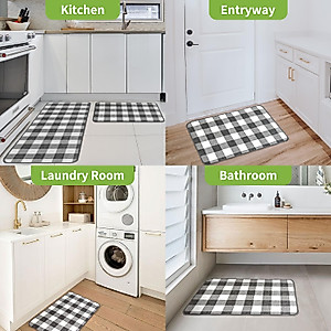 Matace Buffalo Check Plaid Kitchen Rug Set - 2PCS (17x47 & 17x29), Farmhouse Style, Non-Printed Woven Surface, Non-Slip, Machine Washable, Gray & White
