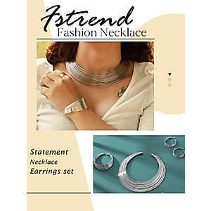 Fstrend Statement Choker Bracelet Earrings Set Gold Plated African Bib Chunky Necklace Costume Party Jewelry Accessories for Women (Silver)