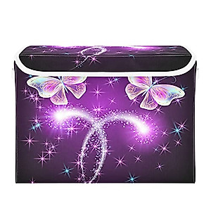 RunningBear Butterflies Firework Star Large Storage Bins with Lid Collapsible Storage Bin Nursery Baskets Foldable Fabric Cube for Closet Shelf Car