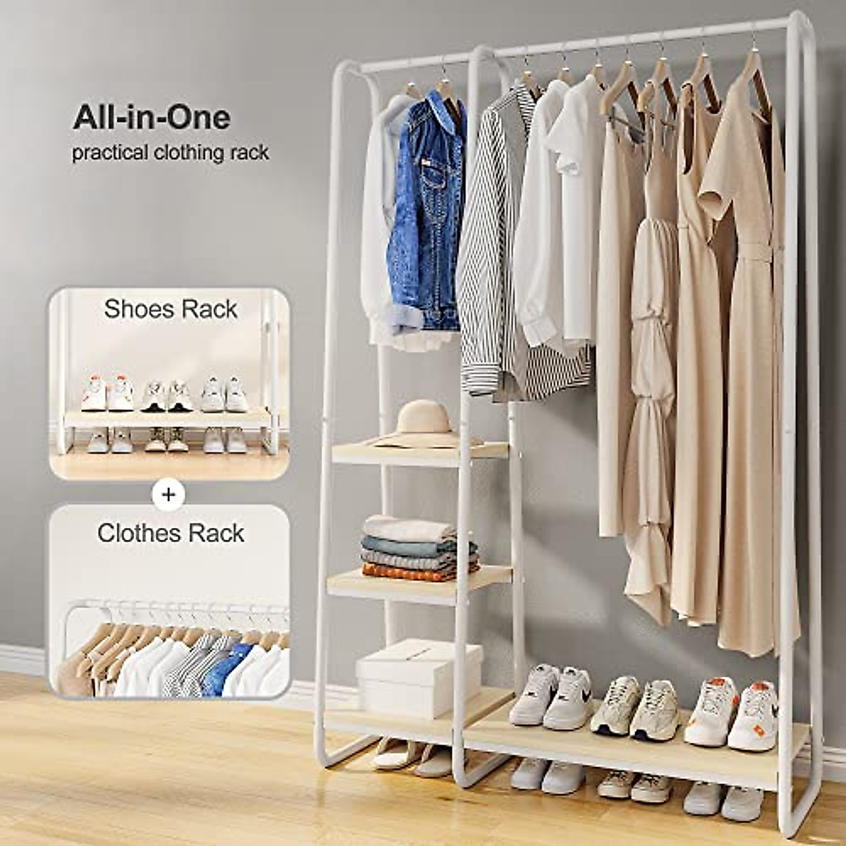 Raybee White Clothing Rack with Shelves, Heavy Duty Clothes Racks for Hanging Clothes Metal Clothing Rack Portable Wardrobe Rack Garment Rack Holds 245LBS 15.6" D x 39.9" W x 67.1" H
