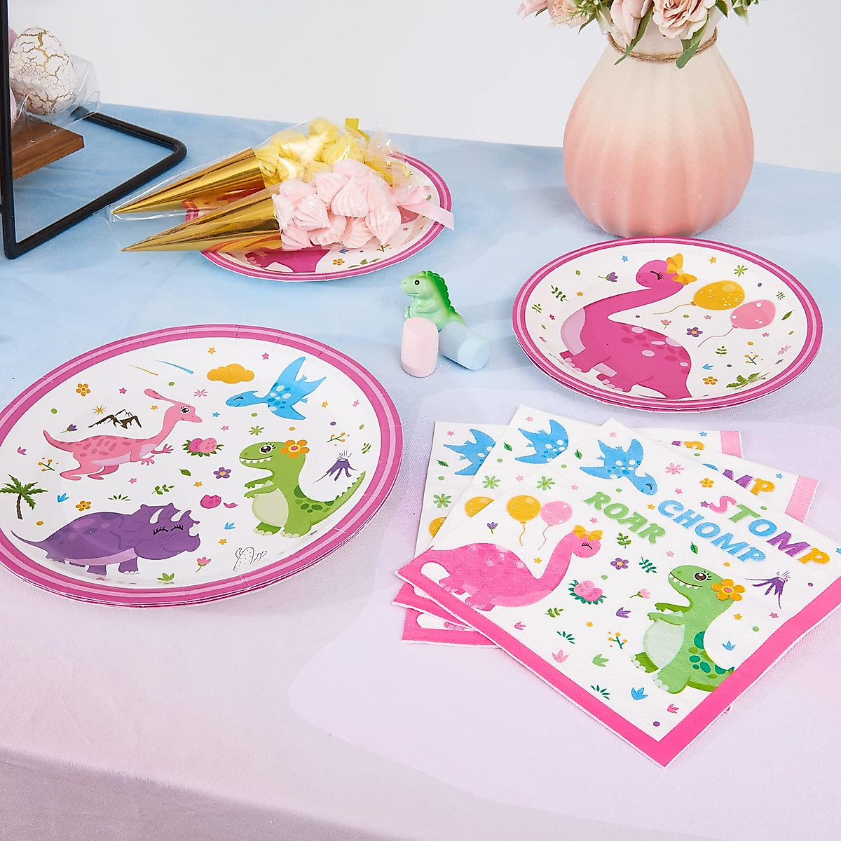 WERNNSAI Disposable Dinosaur Plates and Napkins - 48PCS Dino Party Supplies for Girls Luncheon Dinner Dessert Cake Plates Baby Shower Birthday Party Tableware Kit Serves 16 Guests