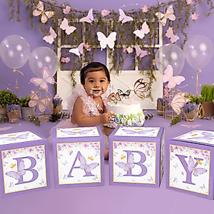 DataMoon Purple Butterfly Baby Shower Boxes Decorations - 4 Purple Balloons Boxes with BABY Letter, Printed Letters,First Birthday Centerpiece Decor, Baby Blocks for Girl, Gender Reveal Backdrop