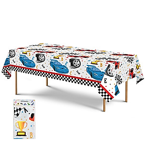 WERNNSAI Racing Car Tablecloth - 108" x 54" Disposable Plastic Rectangular Checkered Table Covers for Kids Birthday Game Sports Events Race Car Party Supplies