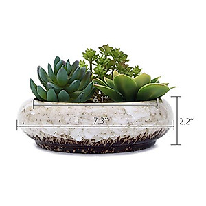 VanEnjoy 7.3 inch Round Large Shallow Succulent Ceramic Glazed Planter Pots with Drainage Hole, Bonsai Pots Garden Decorative Cactus Stand Flower Container (White)