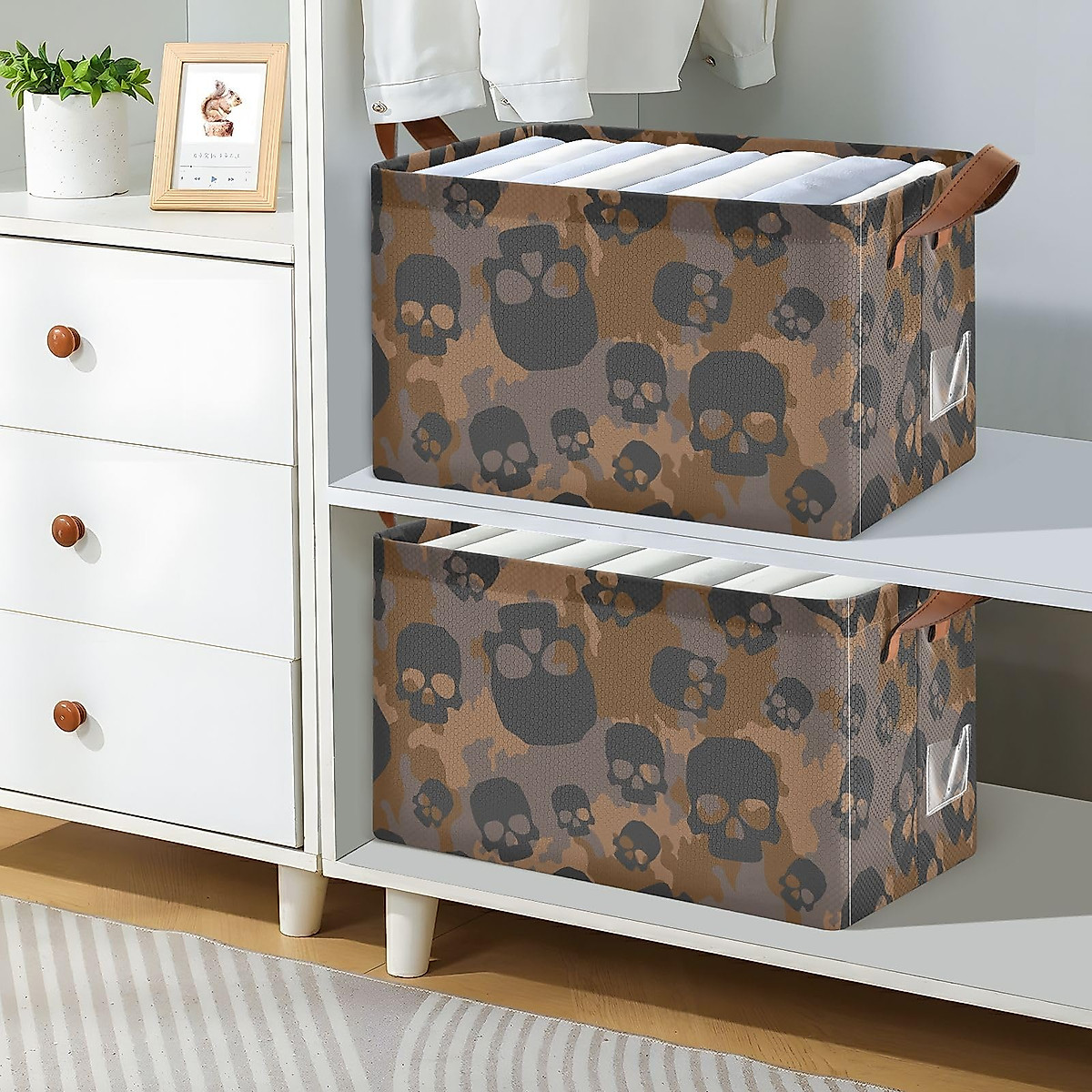 Skulls Camouflage Halloween Storage Bins for Shelves Waterproof Closet Storage Organizer with Leather Handles Foldable Storage Baskets Box for Organization Clothes Blankets 16.9x11.4x10 Inch