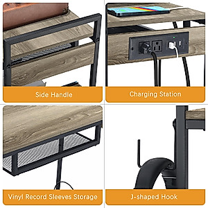 Record Player Stand Vinyl Record Stand with 2 Tier Storage and Wheels Turntable Stand with Charging Station and Album Storage End Table with Vinyl Holder Display Shelf for Living Room Grey