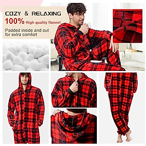 Seaforie Matching Pajamas for Couples,2024 Onesies Flannel Women's Pijamas,One-Piece Red Plaid Fleece Pjs for Men Family (Pet Small)