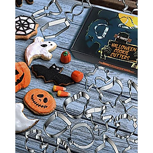 16 Pcs Halloween Cookie Cutters Large Fall Set with Decorating Instructions Stainless Steel Pumpkin Witch Hat Cat Bat Skull Ghost Spider Broom And More