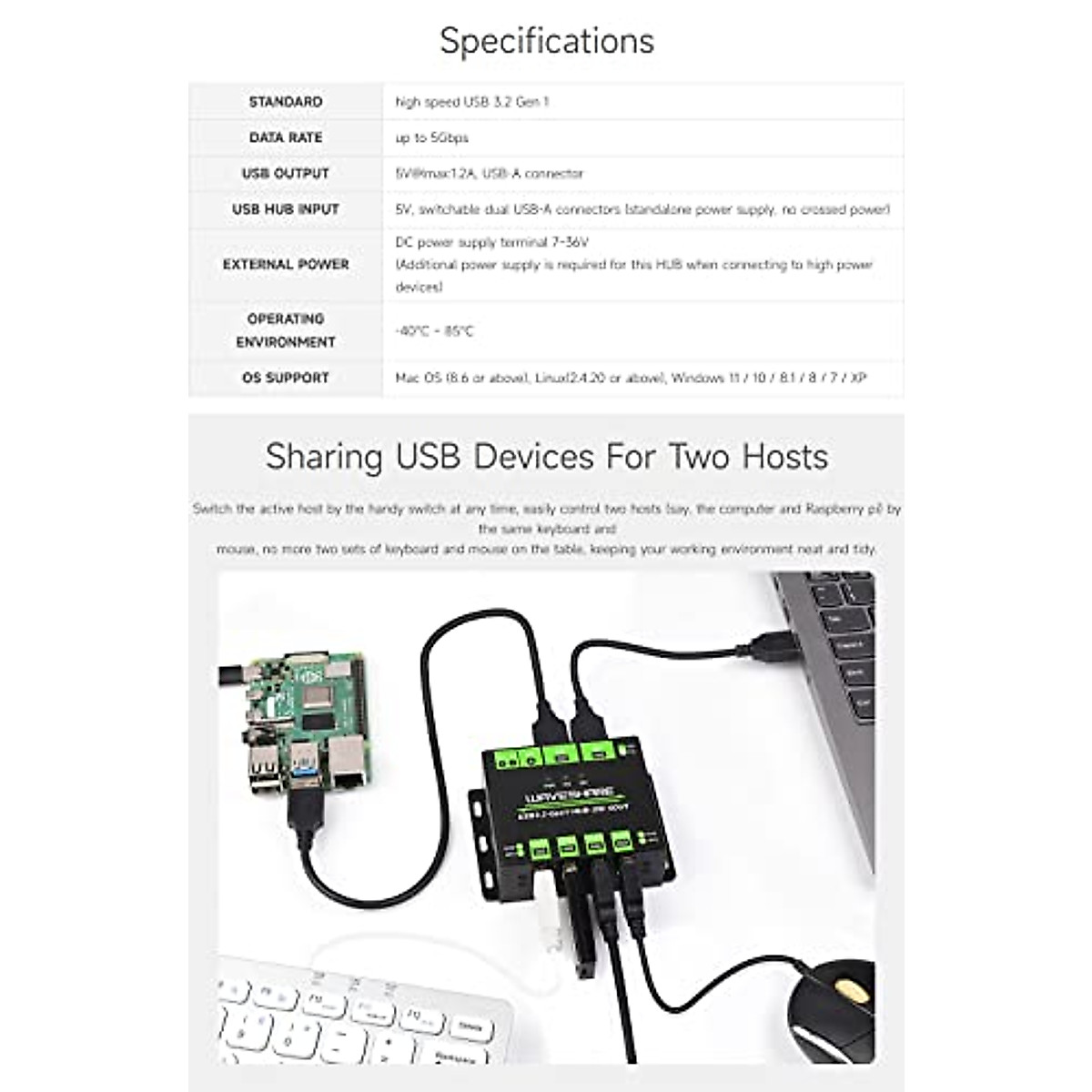 Waveshare Industrial Grade USB HUB, Extending 4X USB 3.2 Ports, Switchable Dual Hosts, Multi Protections