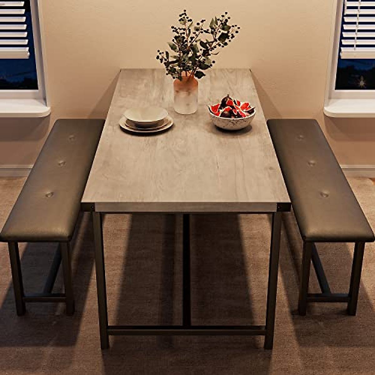 Amyove Kitchen 2 Upholstered Benches Dining Table Set for 4, Retro Grey