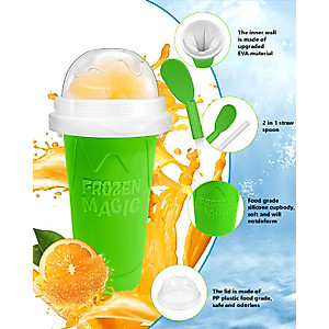 Slushy Maker Cup, DIY Magic Slushy Maker Squeeze Cup, Portable Smoothie Squeeze Cup for Juices, Milk and Ice Cream Make, Double Layers Silica Cup with Lid & Straw for Kids, Friends, Family (Green)1