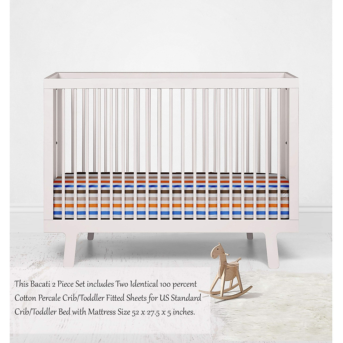 Bacati - 2 Pack MOD Sports Boys 100% Cotton Percale Universal Baby US Standard Crib or Toddler Bed Fitted Sheets (Stripes, Blue Orange Chocolate Brown)