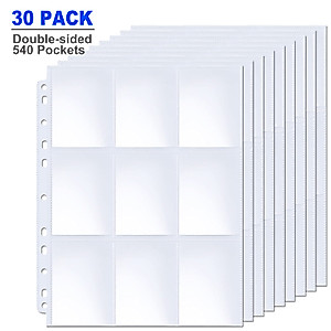 Double-Sided 540 Pockets Baseball Card Sleeves - Trading Card Sleeves Pages Fit 3 Ring Binder, 9 Pocket Page Protector for Standard Size Cards, Sport Cards, Game Cards, Business Cards（30 Pack）