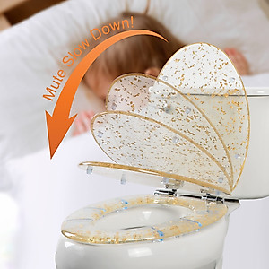 Resin Toilet Seat Elongated Soft Close Quick Release Heavy Duty Toilet Seats with Glitter Cover Acrylic Seats Gold Foil 19 Inch