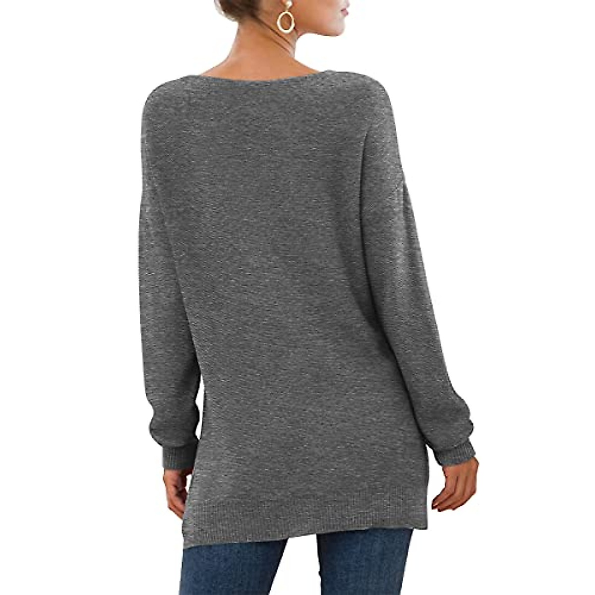 GRECERELLE Women's V-Neck Long Sleeve Side Split Loose Casual Knit Pullover Sweater Blouse Dark Gray-Medium
