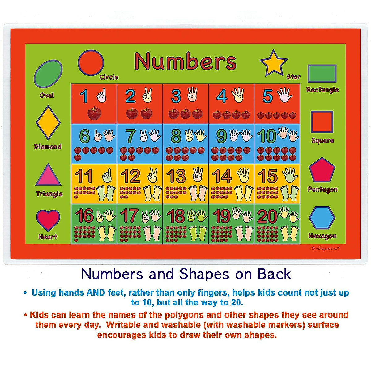 Natural Learning Children's Placemat (One 4-in-1 Alphabet, Numbers, Shapes, Colors and One USA/USA Centered World (2 Pack))