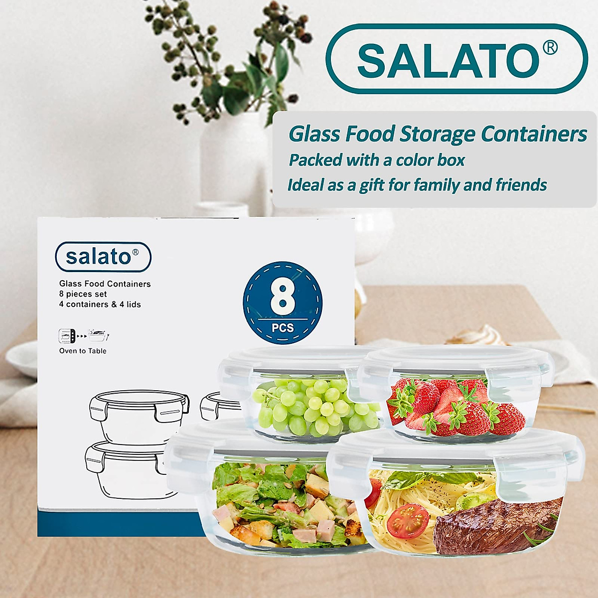 salato Glass Storage Containers with Lids 8 Piece, 100% Leak Proof & BPA Free Glass Containers with Lids, 4 Set Nesting Round Glass Food Storage Containers Safe for Freezer/Oven/Microwave, Grey
