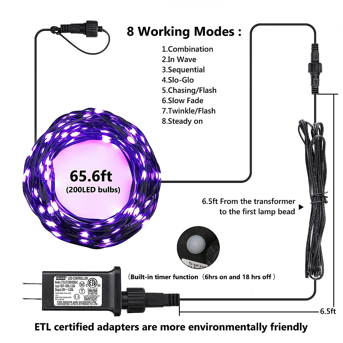 Joomer Purple Halloween Lights, 66ft 200 LED Halloween Light Plug In Timer Indoor Outdoor Fairy Twinkle Tree Light Waterproof 8 Modes for Home Halloween Decorations