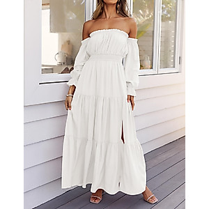 ZESICA Women's 2024 Boho Sexy Off Shoulder Long Sleeve Smocked High Waist Side Split Flowy A Line Tiered Long Maxi Dress,White,Medium