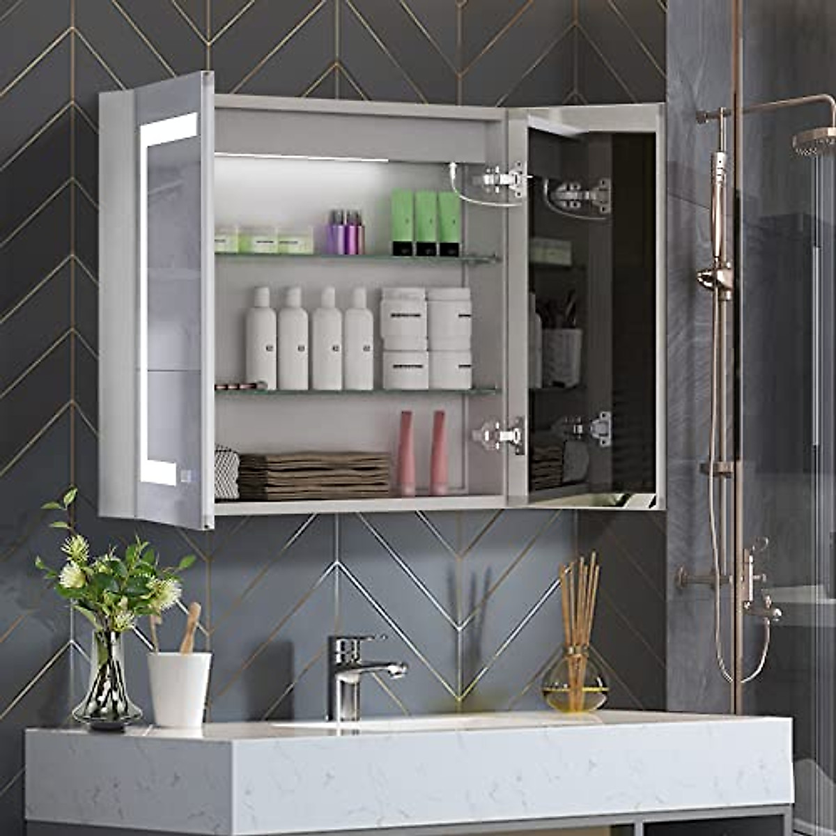 GroGro LED Bathroom Medicine Cabinet with Mirror,30" W x 26" H Lighted Medicine Cabinet,Surface or Recessed Mount,3-Layer Storage Shelves,Medicine Cabinets Can Defog,Dimming,Outlets & USBs