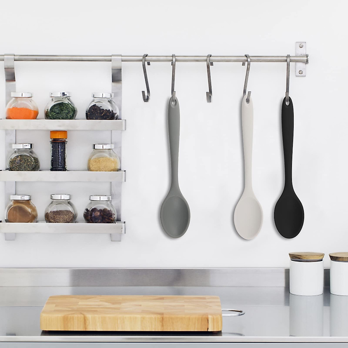 3 Pcs Silicone Mixing Spoons Nonstick Heat Resistant BPA Free Basting Spoons Set Kitchen Utensil for Cooking Stirring Mixing Serving (Black & Dark Grey & Light Grey)