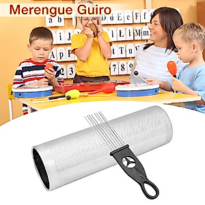 Merengue Guiro,Guiro Instrument, Stainless Steel Metal Guiro Musical Percussion Instrument with Scraper