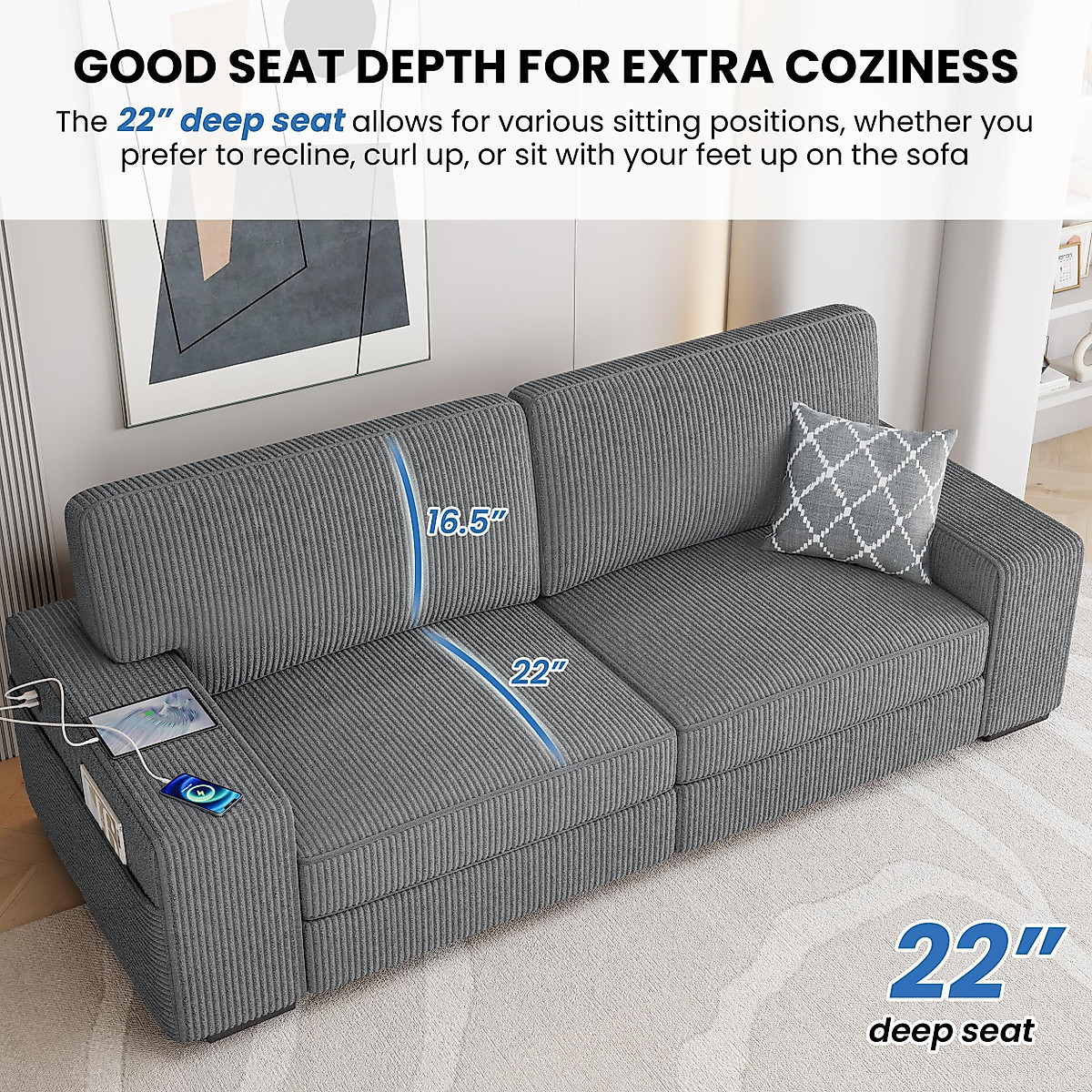 Yaheetech 83.5" W Modern Sofa Couch Corduroy Fabric Sofa with USB Charging Ports & Side Storage Pockets for Living Room Apartment, Dark Gray