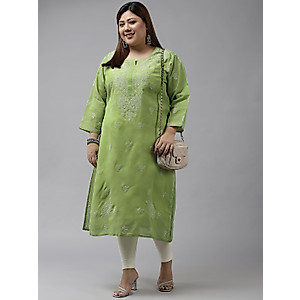 Ada Indian Hand Embroidered Chikankari Straight Cotton Kurta Kurti Tunic for Women A231437 (Green, Medium)