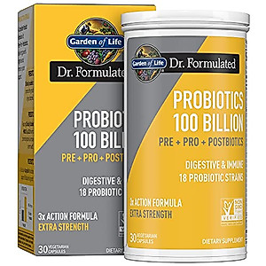 Garden of Life Dr Formulated Once Daily 3-in-1 Complete Probiotics, Prebiotics & Postbiotics Supplement for Women and Men’s Digestive & Immune Health – Extra Strength, 100 Billion CFU, 30 Day Supply