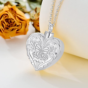 SOULMEET Personalized 10k 14k 18k Solid White Gold/Plated White Gold Butterfly Cremation Locket Necklace for Ashes, Engraving Butterfly Urn Necklace That Holds Human Dog Cat Ashes (Custom Text)