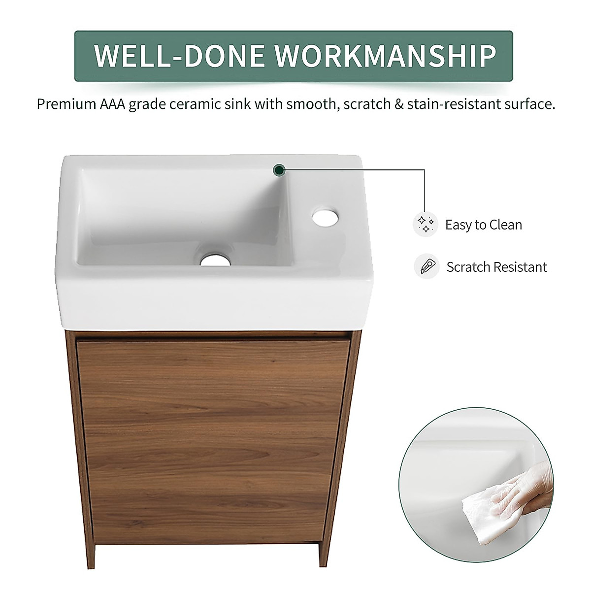 VKKILPEE 18 Inch Freestanding Bathroom Vanity Set Bathroom Vanity with Single Sink for Small Space, Bath Vanity Storage Cabinet w/Adjustable Shelf, Modern Bathroom Vanity and Sink Combo, Brown Ebony