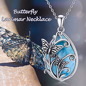 PELOVNY Christmas Gifts Larimar Jewelry Butterfly Larimar Pendant Necklace 925 Sterling Silver Butterfly Jewelry Butterfly Gift for Women