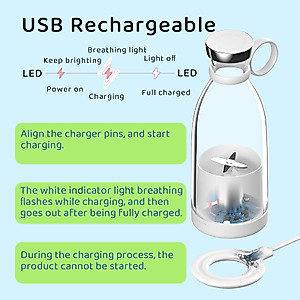 Asa Vea Mini Blender for Smoothies and Milkshakes, Portable Blender, Rechargeable, Personal Size Blender with Quota Outer Travel Lid with 4 Blades, 11 oz for Outdoors, Camping (White)