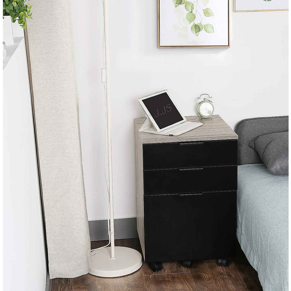 JJS 3 Drawer Rolling Wood File Cabinet with Locking Wheels, Home Office Portable Vertical Mobile Wooden Storage Filing Cabinet for Letter Size, Black