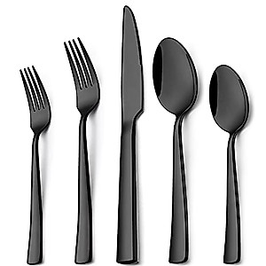 Wildone 40-Piece Black Silverware Set, Stainless Steel Flatware Square Cutlery Set Service for 8, Eating Utensils Include Knife Fork Spoon, Mirror Polished & Dishwasher Safe