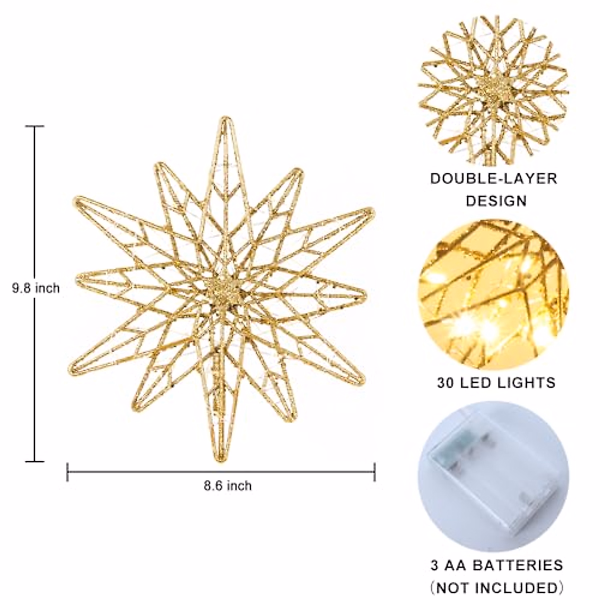 YEAHOME Christmas Tree Topper, Lighted Hollow 12-Point Star Tree Topper, Wire Star for Christmas Treetop with 30 LED Lights Xmas Tree Topper for Christmas Tree Ornament Decoration, Gold Glittered