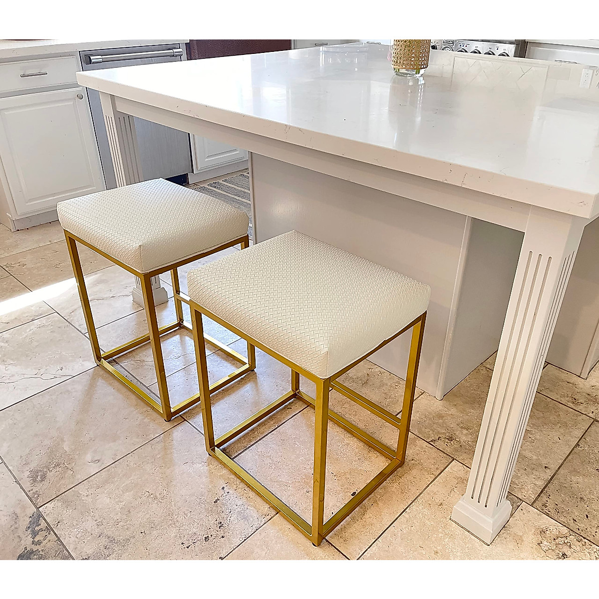 MAISON ARTS Off White & Gold Counter Height 24" Bar Stools Set of 2 for Kitchen Counter Modern Barstools Upholstered Faux Leather Square Stools Backless Farmhouse Island Chairs, 24 Inch Height