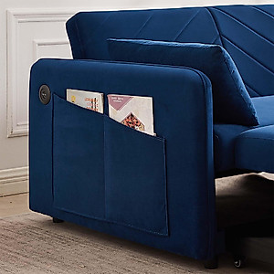 Antetek Sleeper Sofa Bed w/USB Port, Modern 3-in-1 Convertible Upholstered Velvet Loveseat Sofa w/Pull Out Bed, Small Futon Couch with Adjustable Backrest for Living Room Small Space Apartment, Blue