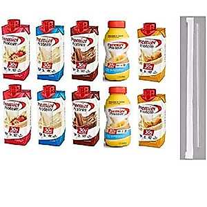Premier Protein Shakes Drinks - Low Carb High Protein Shakes Variety 10 Pack (30g) | 2 of Each Flavor - Chocolate, Strawberry, Vanilla, Banana & Caramel | Bonus of 10 Individually Wrapped Straws