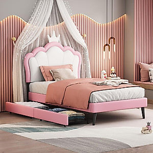 SOFTSEA Twin Size Princess Bed with Storage Drawers, Faux Leather Platform Bed with Crown Headboard for Kids Girls, No Box Spring Needed, Pink